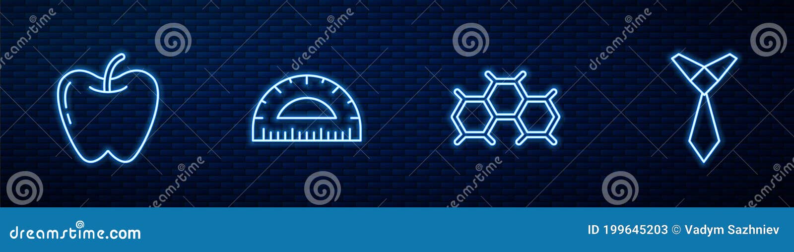 Set Line Chemical Formula, Apple, Protractor and Tie. Glowing Neon Icon ...