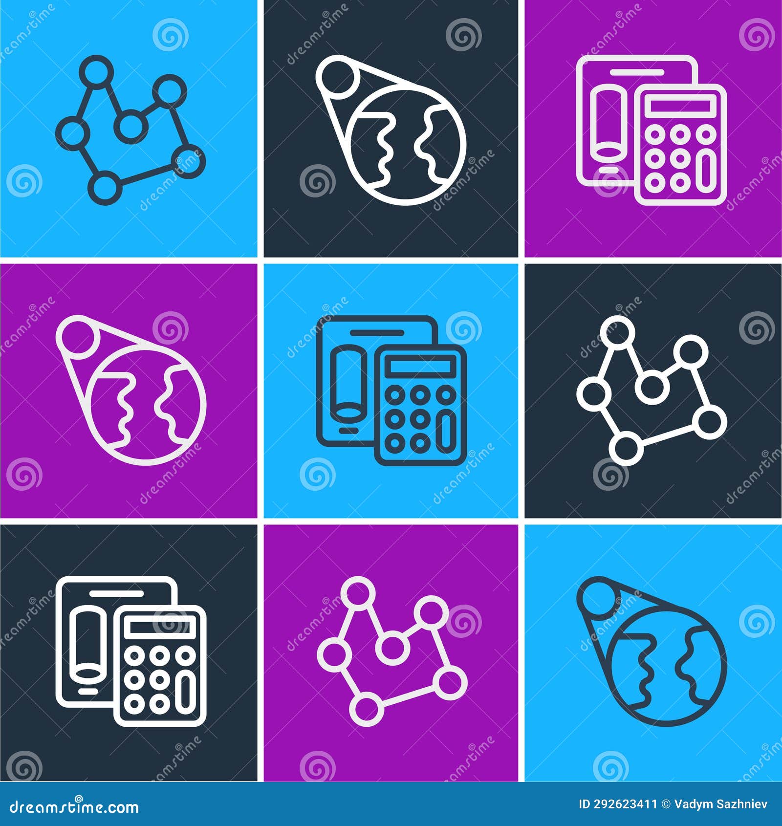 Set Line Chemical Formula, Calculator and Earth Globe Icon. Vector ...