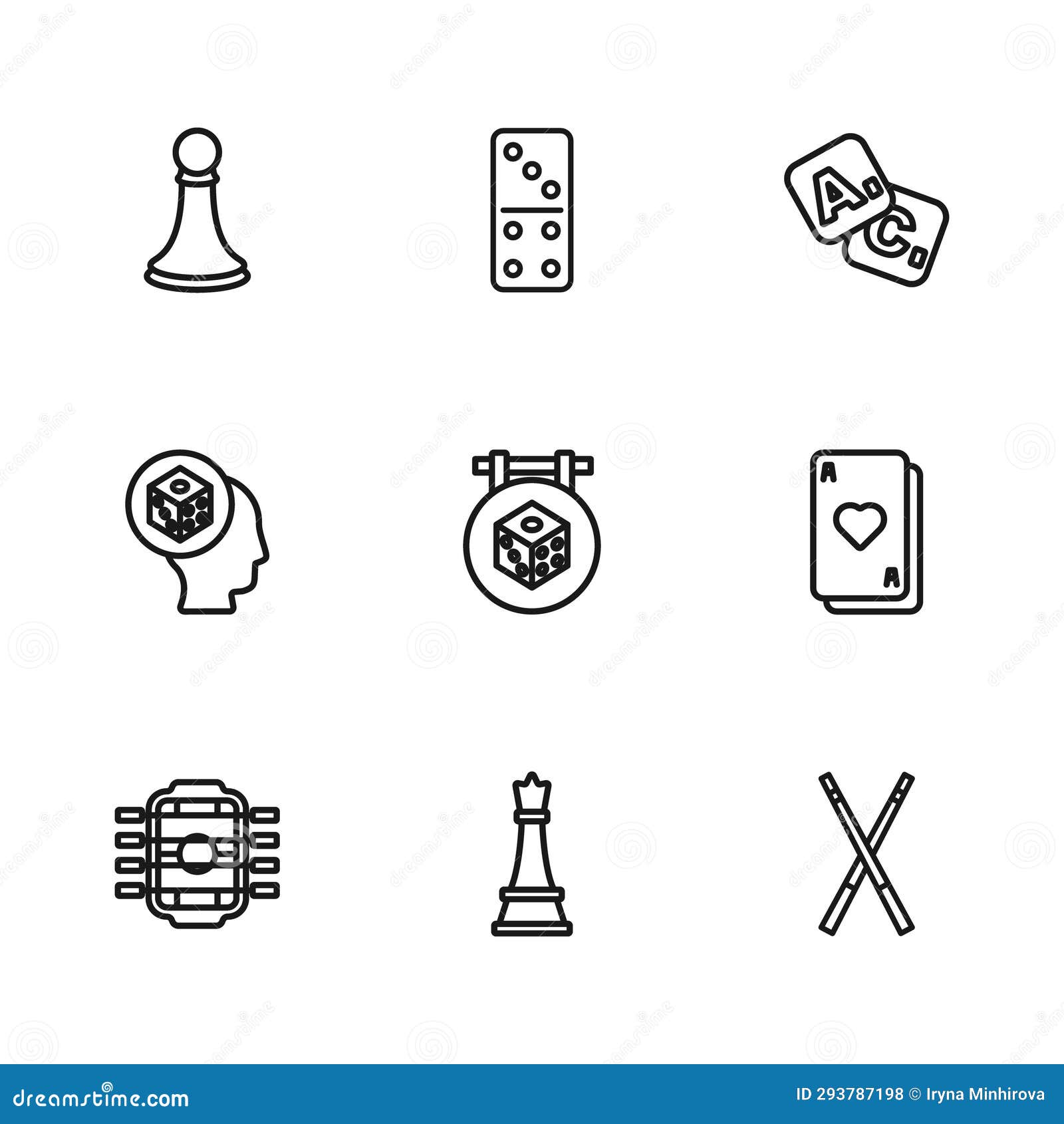 Set Line Chess Playing Cards Crossed Billiard Cues Game Dice Bingo Pawn Domino And Icon