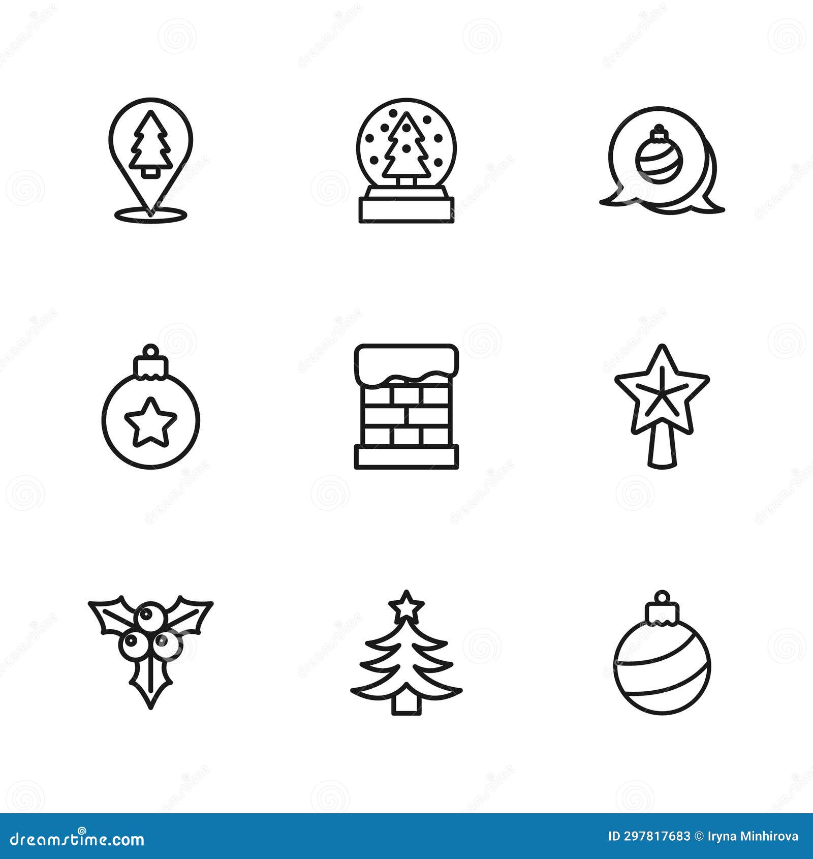 Set Line Christmas Tree, Star, Ball, Chimney, Snow Globe and Icon ...