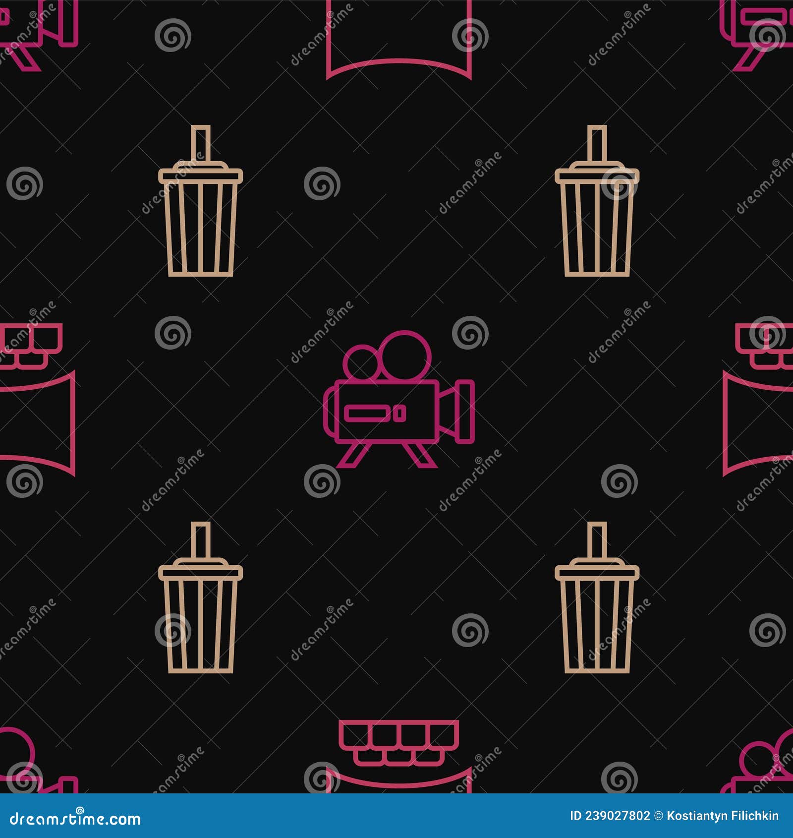 Set Line Cinema Auditorium with Screen, Paper Glass Water and Retro ...