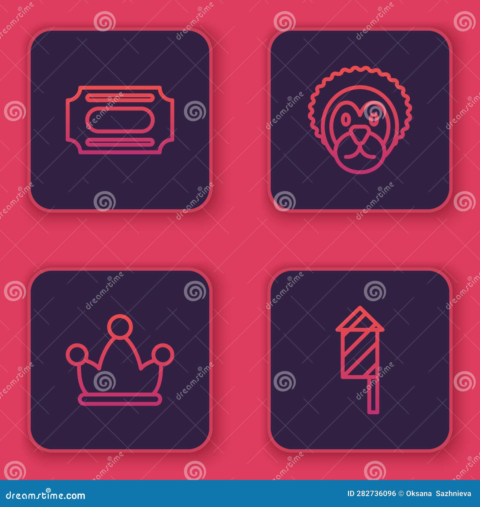 Set Line Circus Ticket, Jester Hat with Bells, Wild Lion and Firework ...