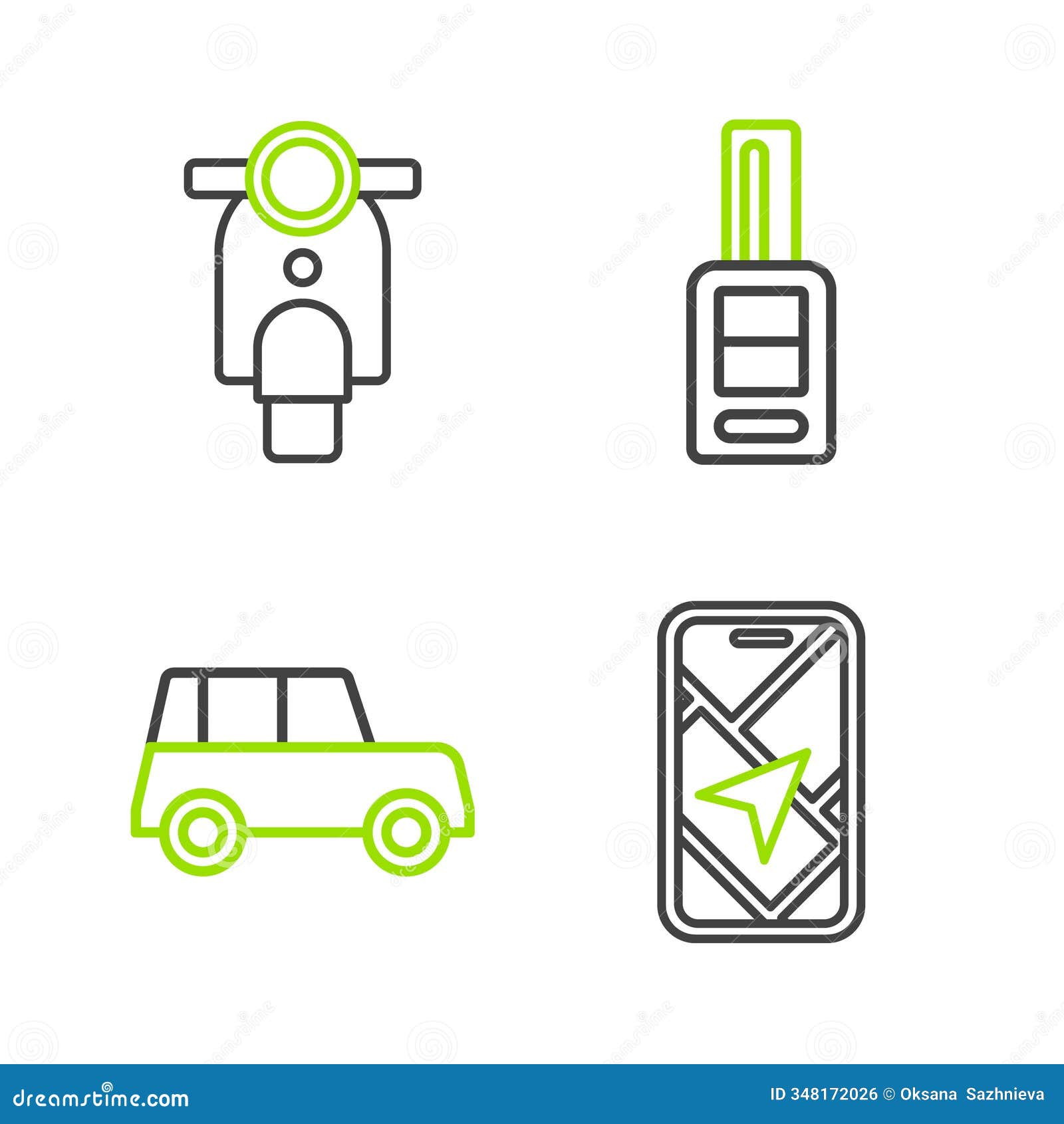 Set Line City Map Navigation, Car, Key with Remote and Scooter Icon ...