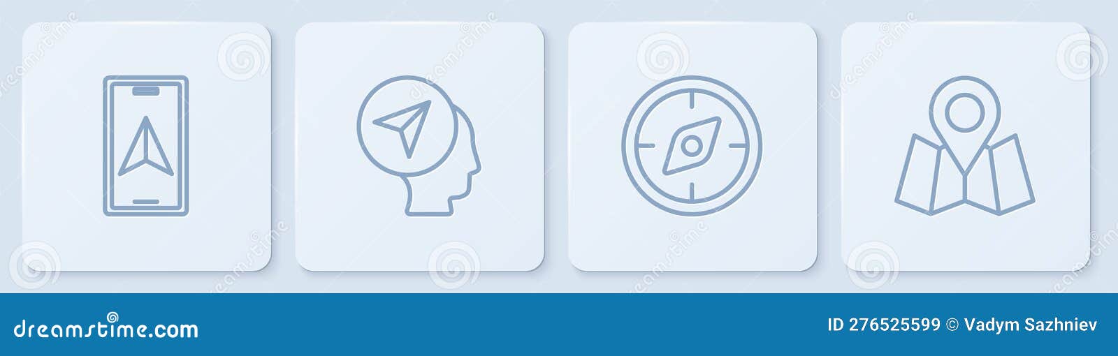 Set Line City Map Navigation, Compass, Map Marker with Human and Folded ...