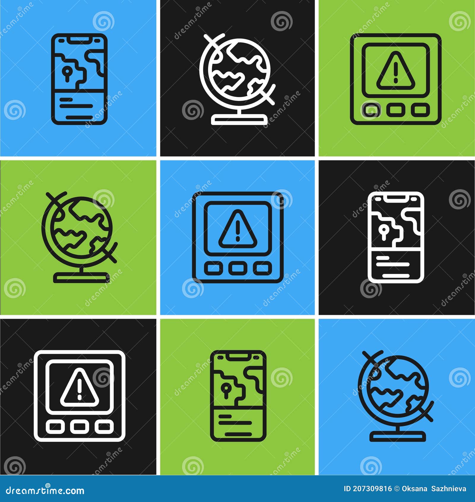 Set Line City Map Navigation, Gps Device Error and Earth Globe Icon ...