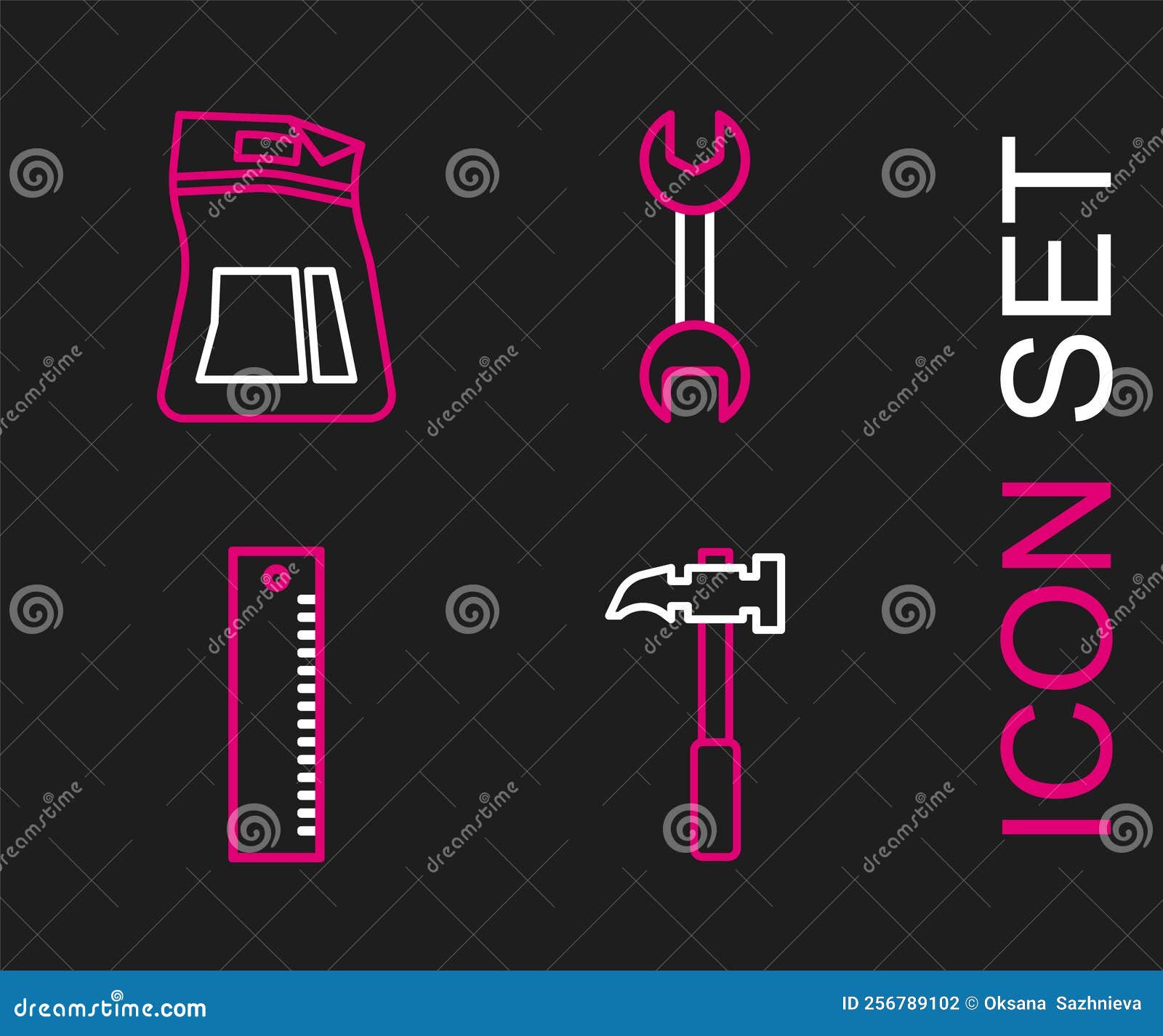 Set Line Claw Hammer, Ruler, Wrench Spanner and Cement Bag Icon. Vector ...
