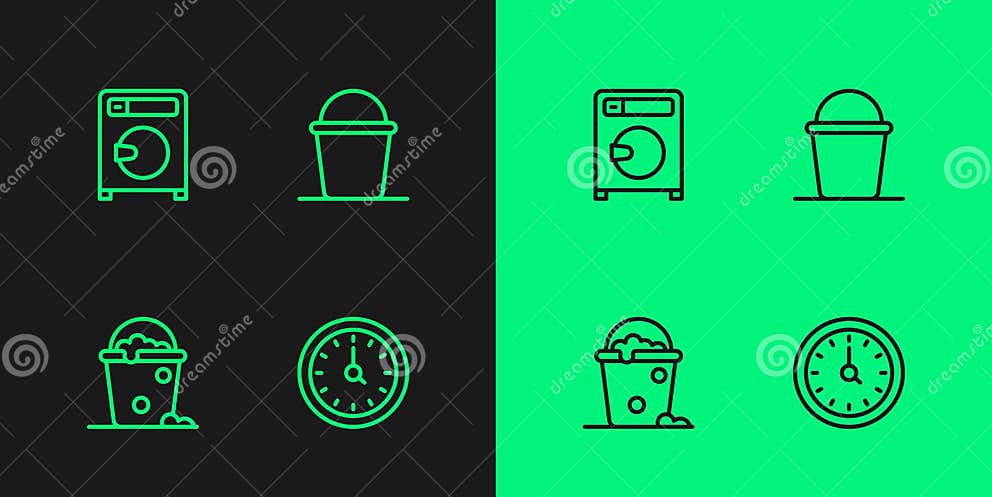Set Line Clock, Bucket with Foam and Bubbles, Washer and Icon. Vector ... Set Line Clock, Bucket with Foam and Bubbles, Washer and Icon. Vector ...