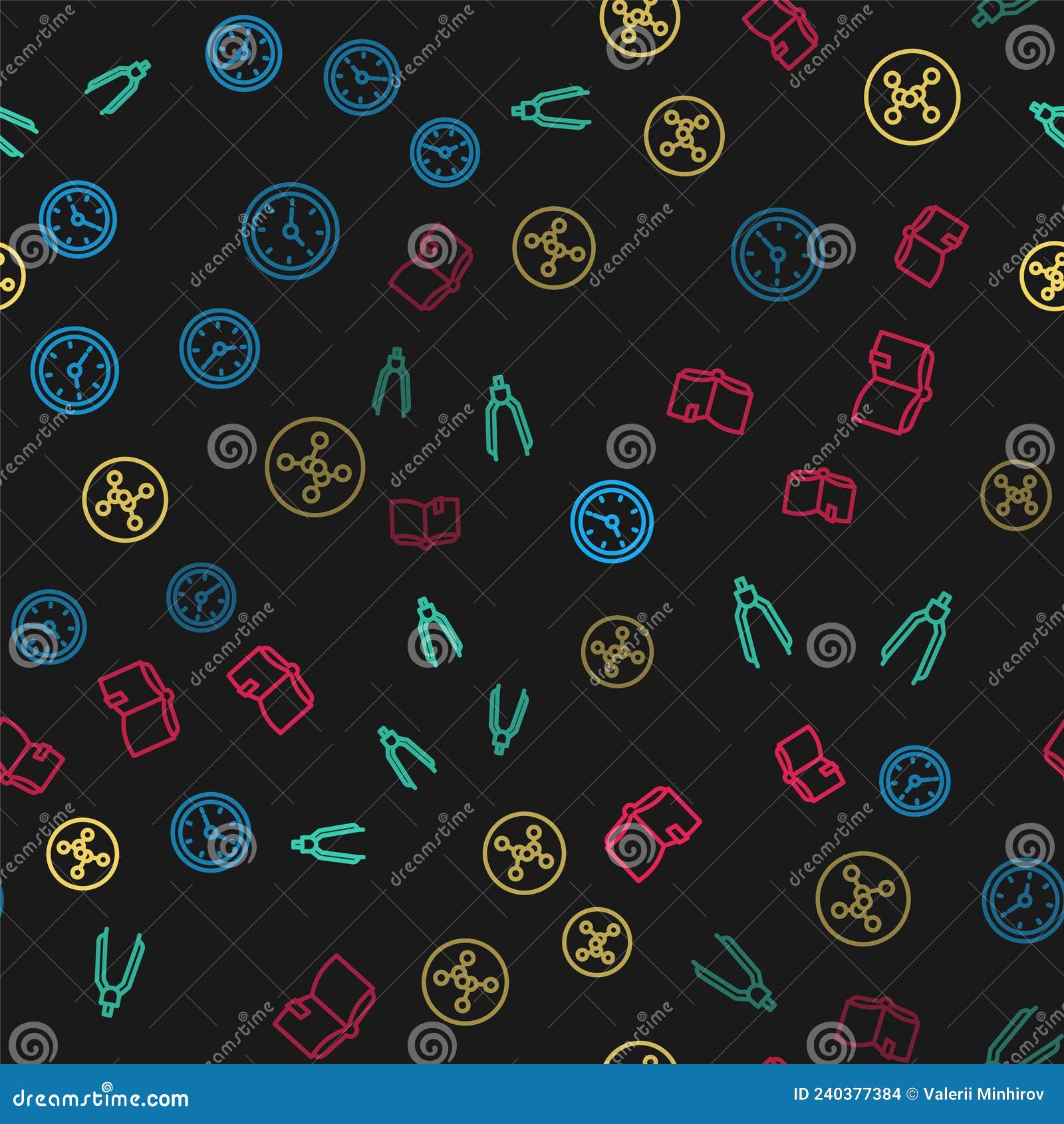 Set Line Clock, Drawing Compass, Chemical Formula and Open Book on ...