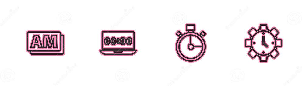 Set Line Clock am, Stopwatch, on Laptop and Time Management Icon ... Set Line Clock am, Stopwatch, on Laptop and Time Management Icon ...