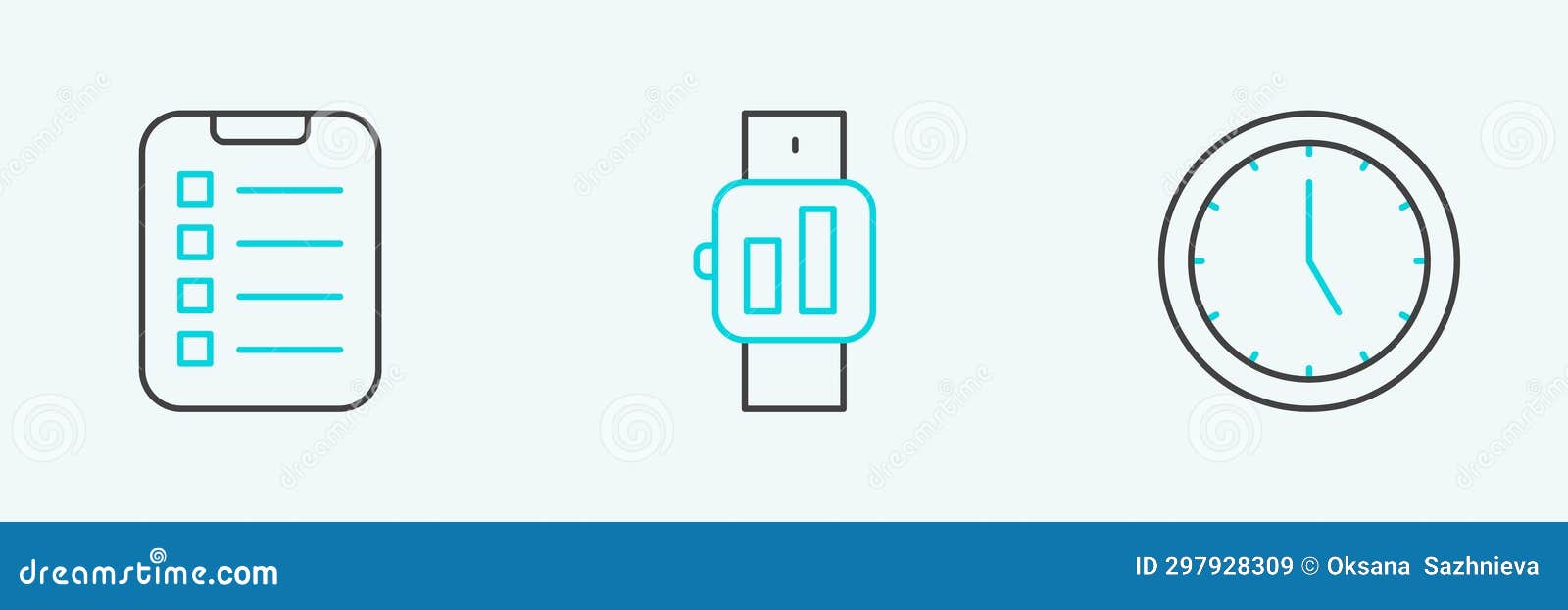 Set Line Clock, To Do List or Planning and Smartwatch Icon. Vector ...