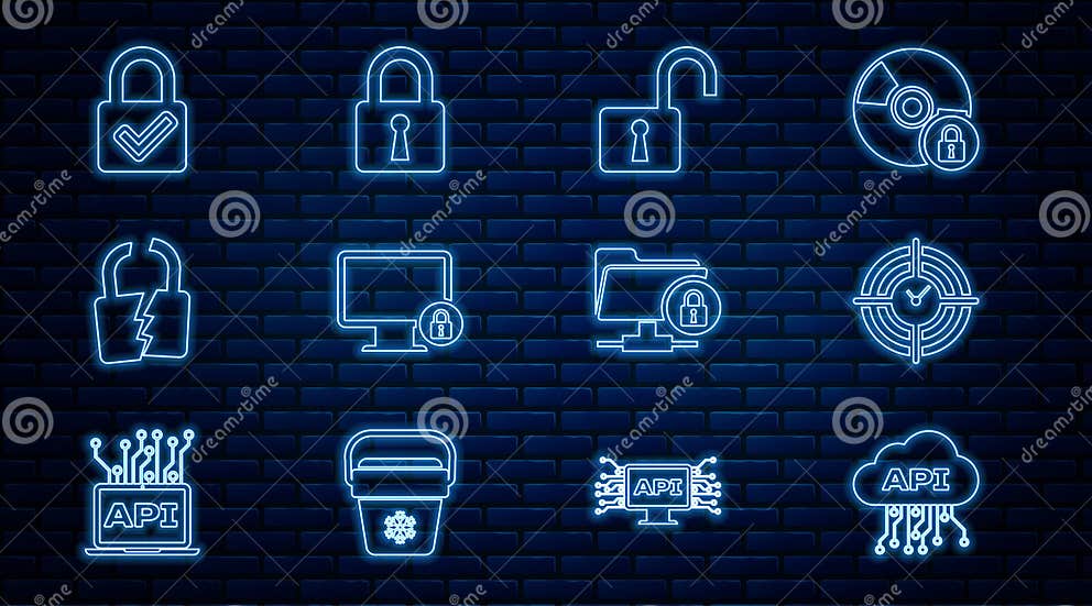 Set Line Cloud Api Interface, Time Management, Open Padlock, Lock on Monitor, Broken Cracked ...