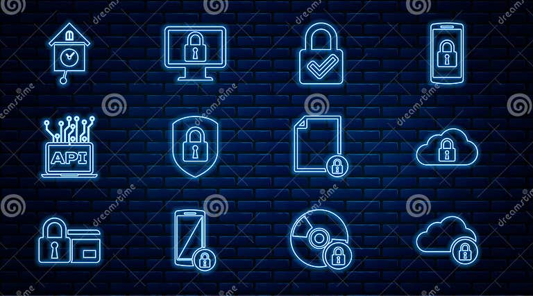 Set Line Cloud Computing Lock, Lock and Check Mark, Shield Security with, Computer Api Interface ...