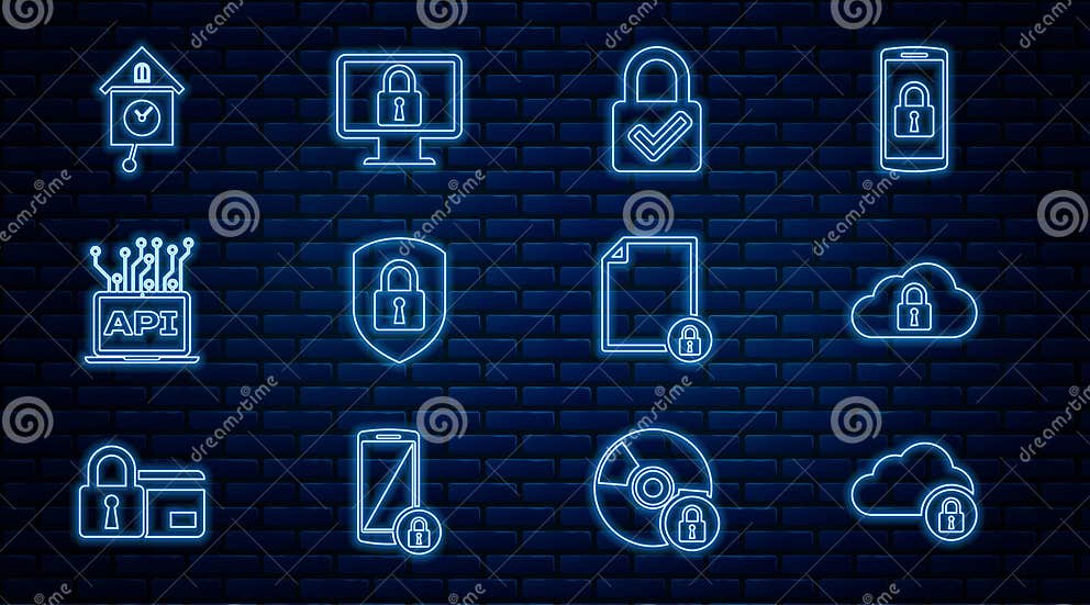 Set Line Cloud Computing Lock, Lock and Check Mark, Shield Security with, Computer Api Interface ...