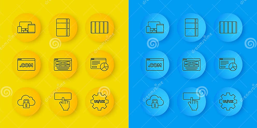Set Line Cloud Computing Lock, UI or UX Design, Website Statistic, Monitor, Mobile, Tablet ...