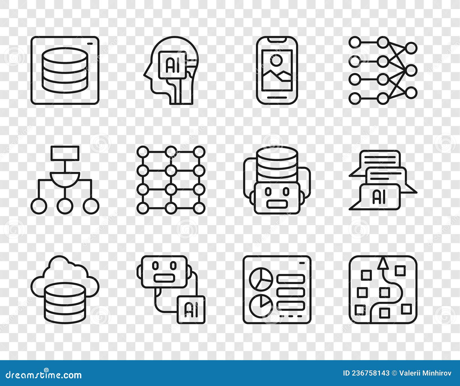 Set Line Cloud Database, Neural Network, Mobile Phone, Artificial Intelligence Robot, Server ...