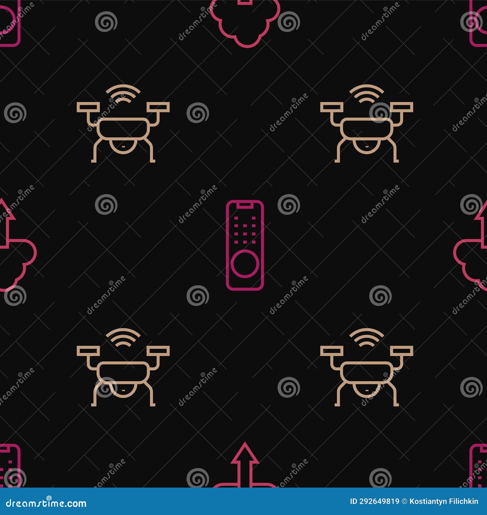 Set Line Cloud Download, Smart Drone System and Remote Control on Seamless Pattern. Vector Stock ...