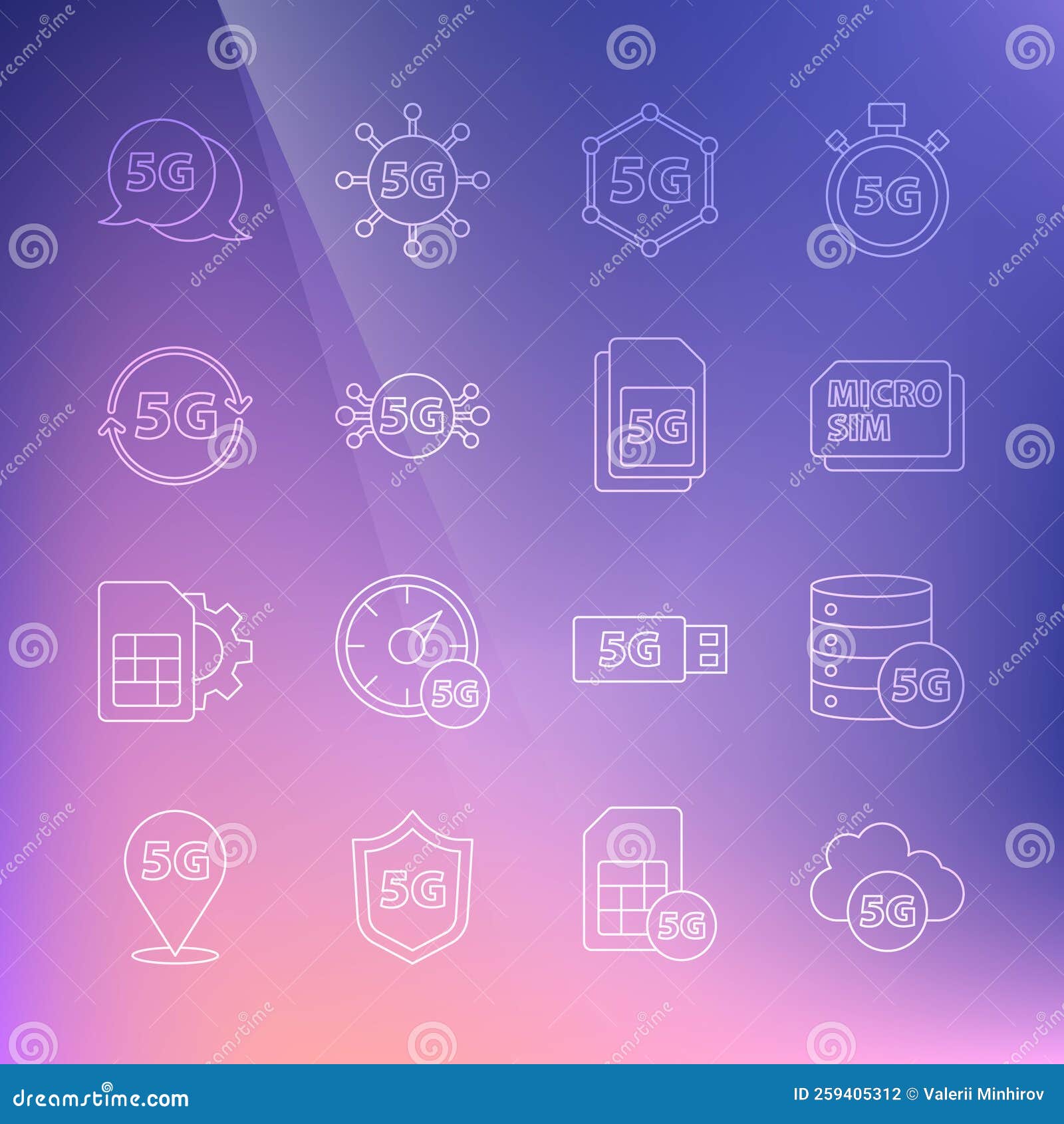 Set Line Cloud 5G Network, Server, Micro Sim Card, and Icon. Vector ...