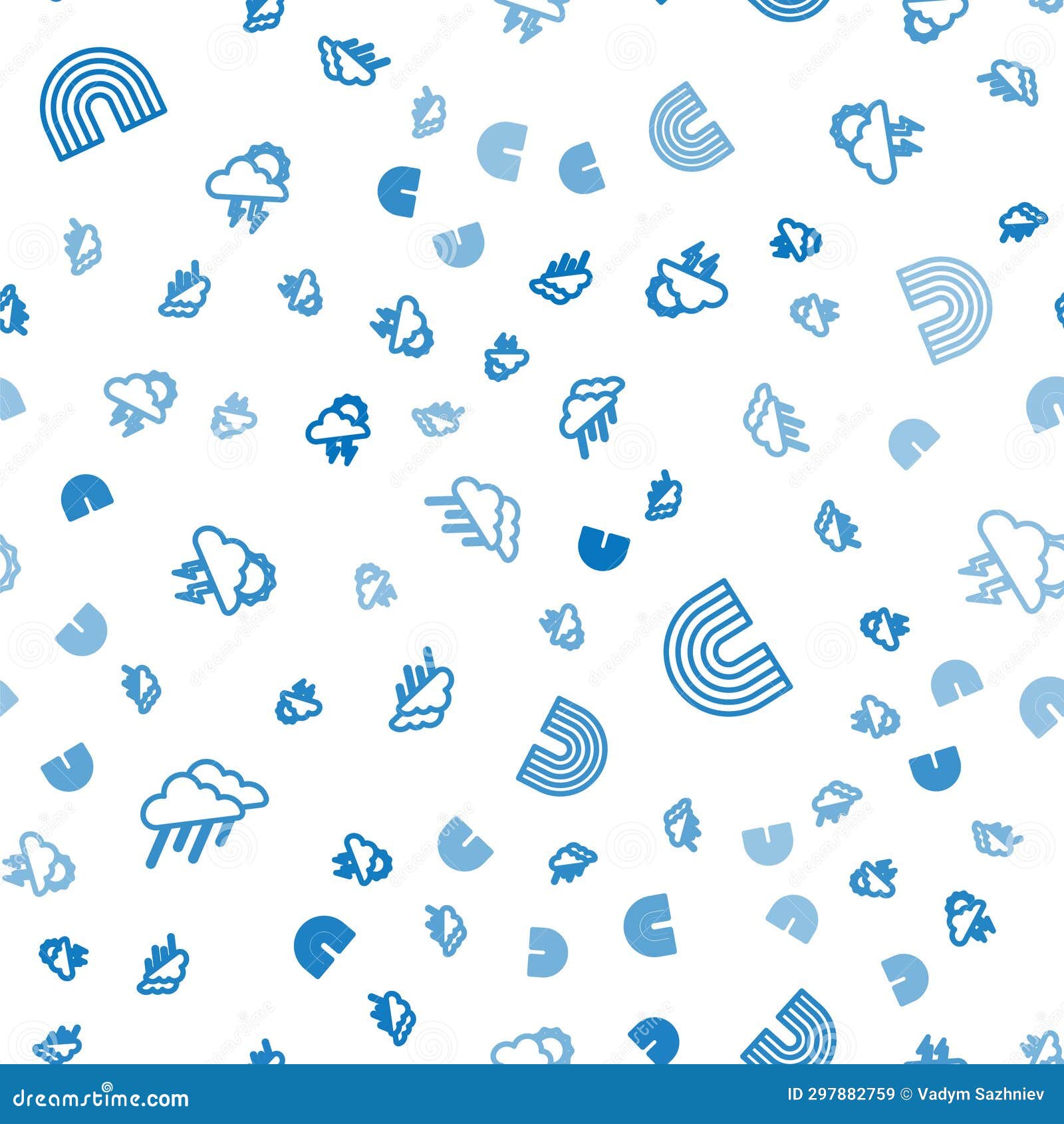 Set Line Cloud with Rain, Rainbow and Storm on Seamless Pattern. Vector ...