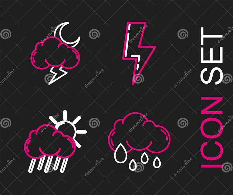 Set Line Cloud with Rain, and Sun, Lightning Bolt and Storm Icon ...