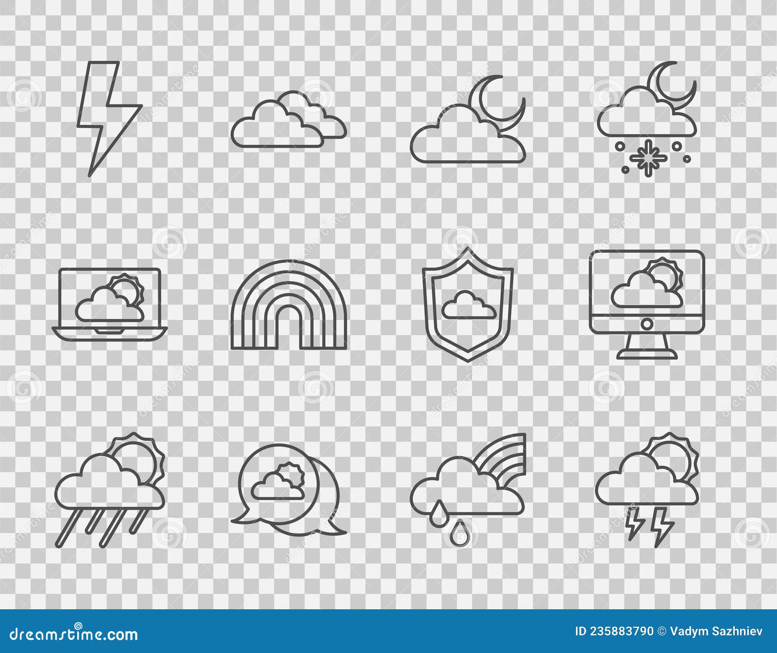 Set Line Cloud with Rain and Sun, Storm, Moon, Location Cloud ...