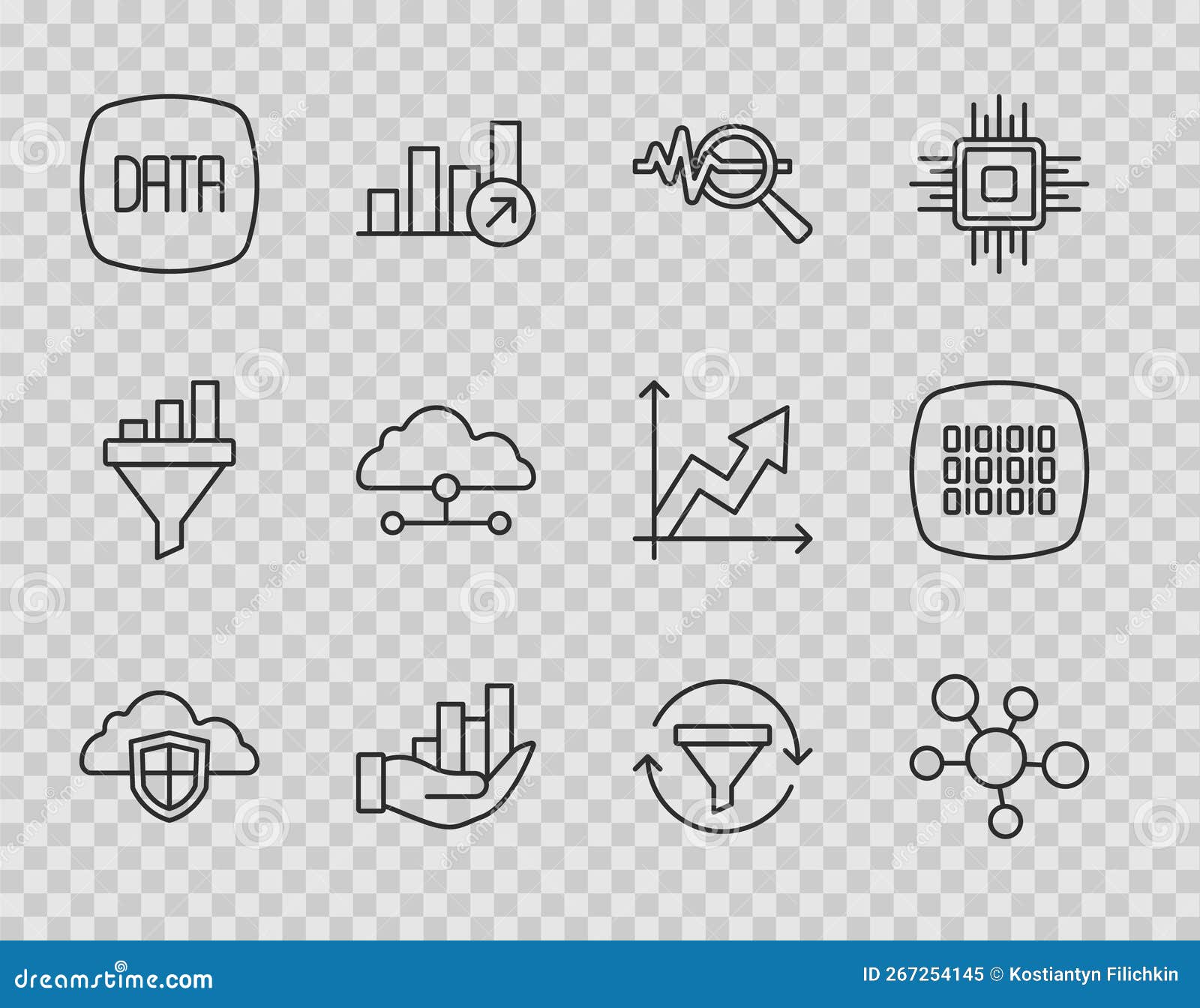 Set Line Cloud and Shield, Mind Map Infographic, Search Data Analysis, Pie Chart, Data, Network ...