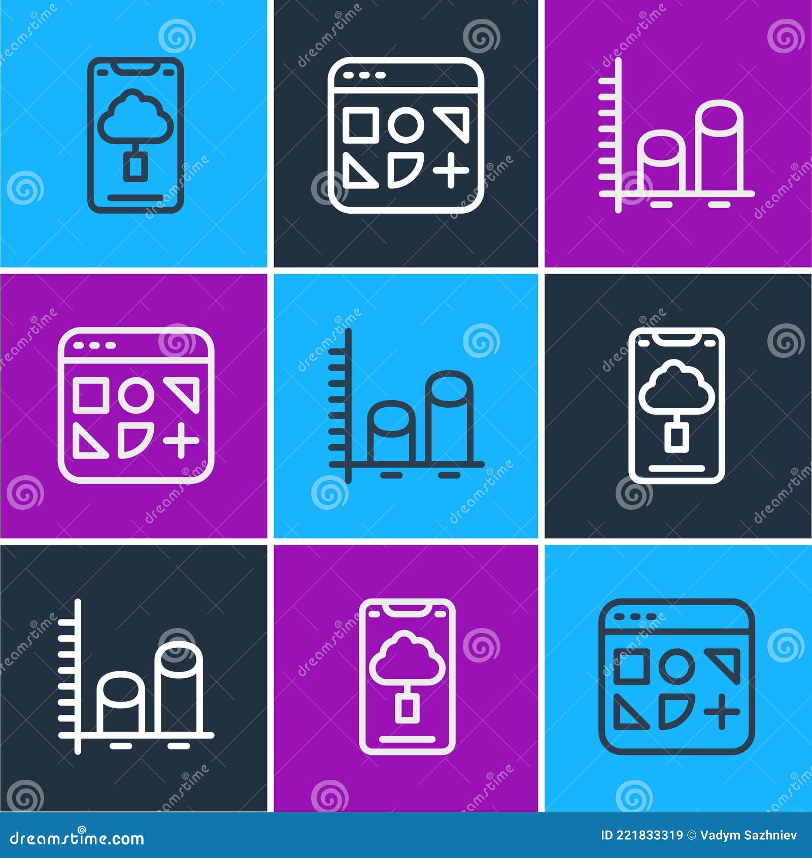 Set Line Cloud Technology Data Transfer, Data Analysis and Different Files Icon. Vector Stock ...