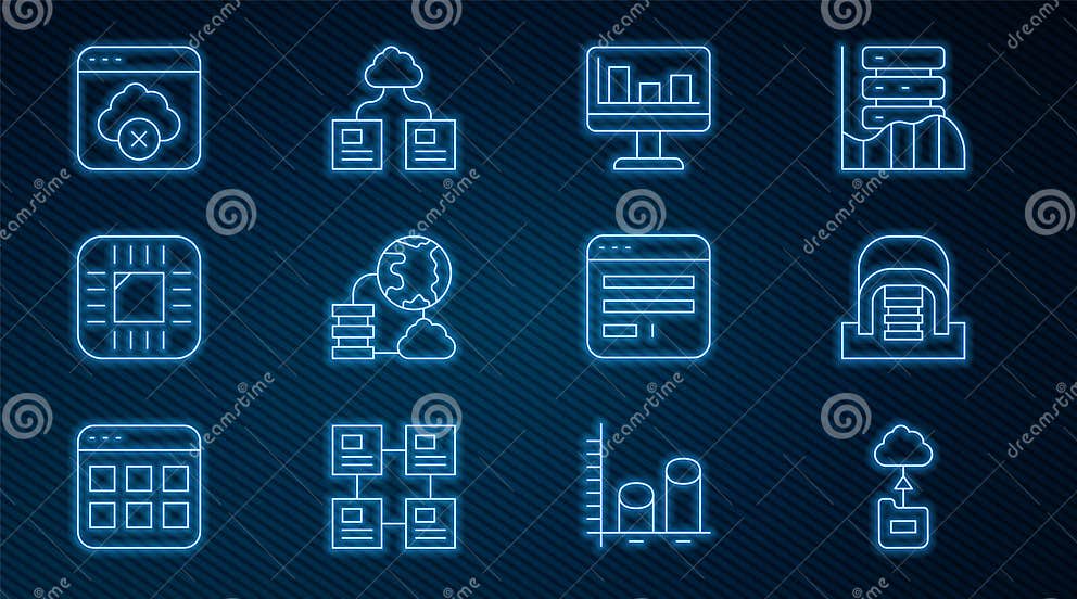 Set Line Cloud Technology Data Transfer, Hangar with Servers, Monitor Graph Chart, Network Cloud ...