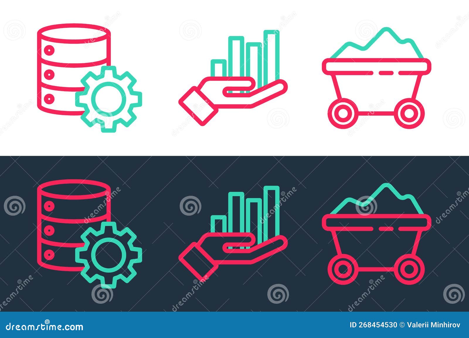 Set Line Coal Mine Trolley, Server and Gear and Pie Chart Infographic ...