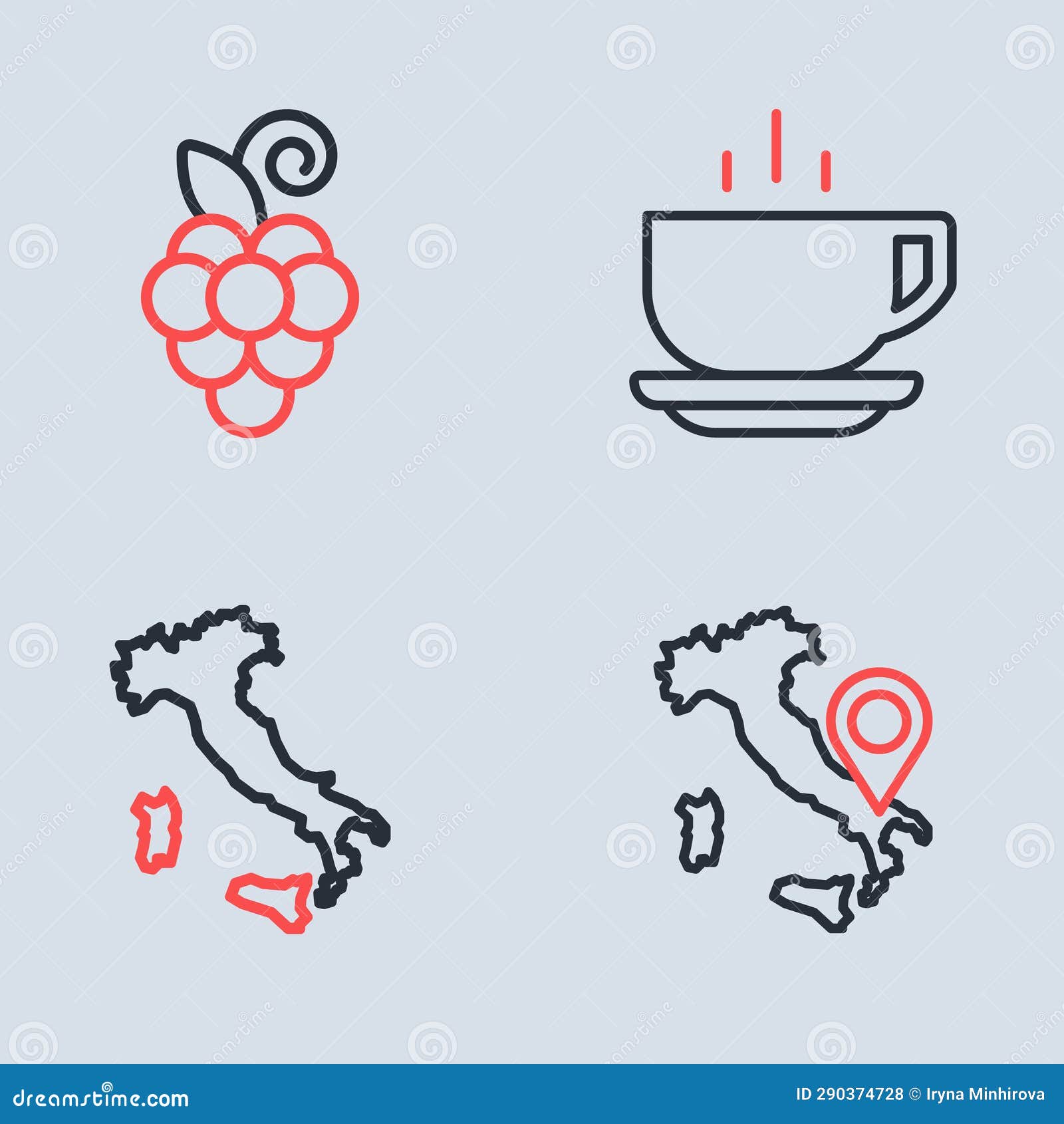 Set Line Coffee Cup, Map Italy, and Grape Fruit Icon. Vector Stock ...