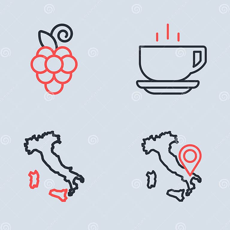 Set Line Coffee Cup, Map Italy, and Grape Fruit Icon. Vector Stock ...