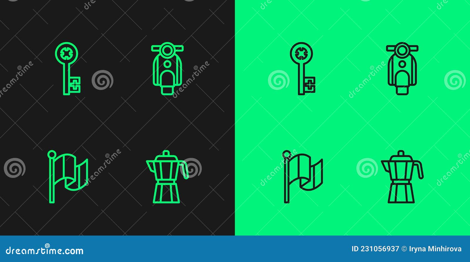 Set Line Coffee Maker Moca Pot, Flag Italy, Old Key and Scooter Icon ...