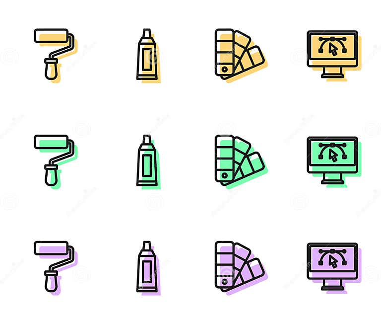 Set Line Color Palette Guide, Paint Roller Brush, Tube with Paint and ...