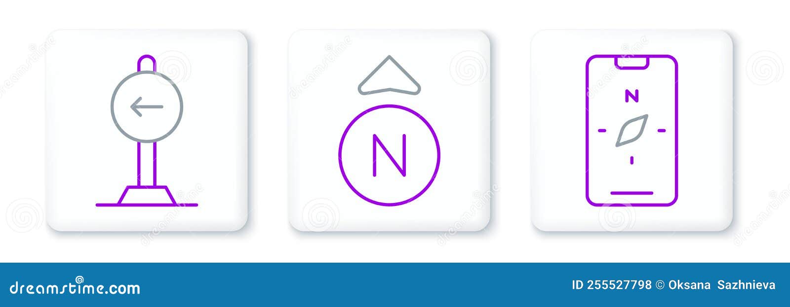 Set Line Compass on Mobile, Traffic Sign Turn Left and Icon. Vector ...