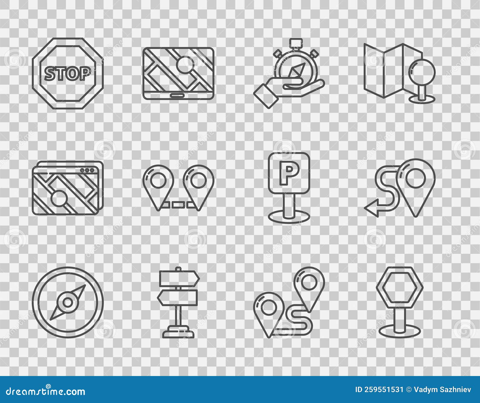 Set Line Compass, Road Traffic Sign, Stop, Route Location, and Icon ...