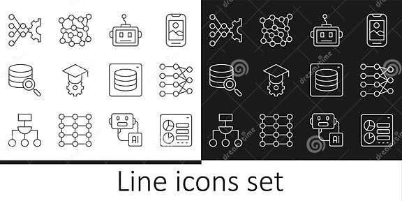 Set Line Computer Api Interface, Neural Network, Artificial Intelligence Robot, Graduation Cap ...