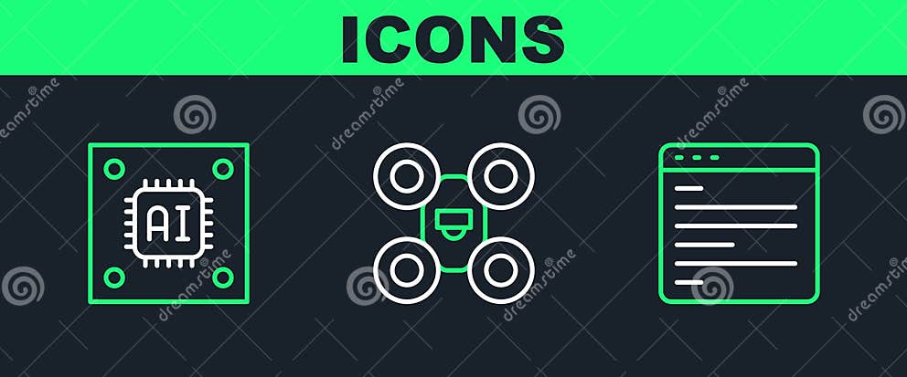 Set Line Computer Api Interface, Processor with Microcircuits CPU and Drone Icon. Vector Stock ...