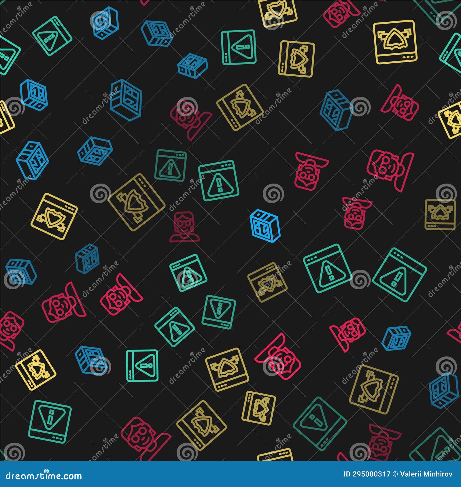 Set Line Computer Browser With Exclamation Mark Shield And Hacker Or Coder On Seamless Pattern
