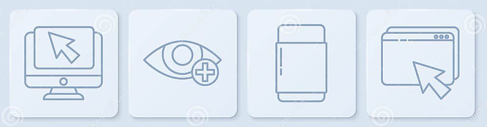 Set Line Computer Monitor and Cursor, Eraser or Rubber, Red Eye Effect and Web Design and ...