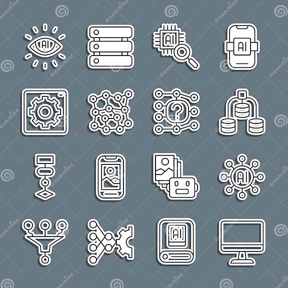 Set Line Computer Monitor Neural Network Server Data Processor Cpu Api Interface Ai De ...