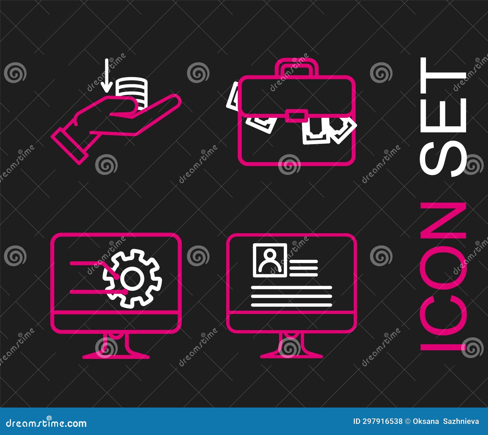 Set Line Computer Monitor with Resume, Graph Chart, Briefcase and Money ... Set Line Computer Monitor with Resume, Graph Chart, Briefcase and Money ...