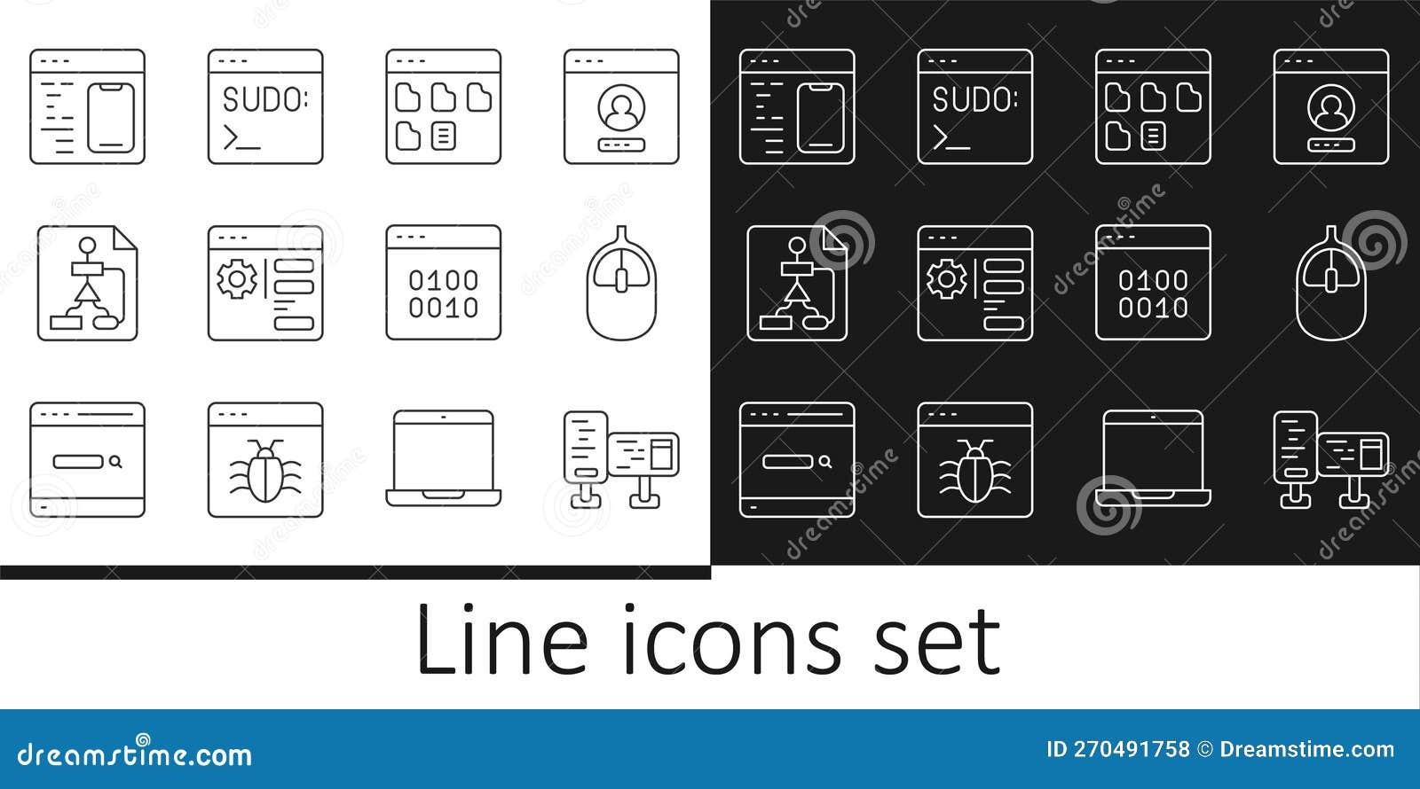 Set Line Computer Monitor Screen, Mouse, Browser Files, Setting, Flowchart, Software, Binary ...