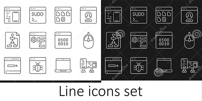 Set Line Computer Monitor Screen, Mouse, Browser Files, Setting, Flowchart, Software, Binary ...