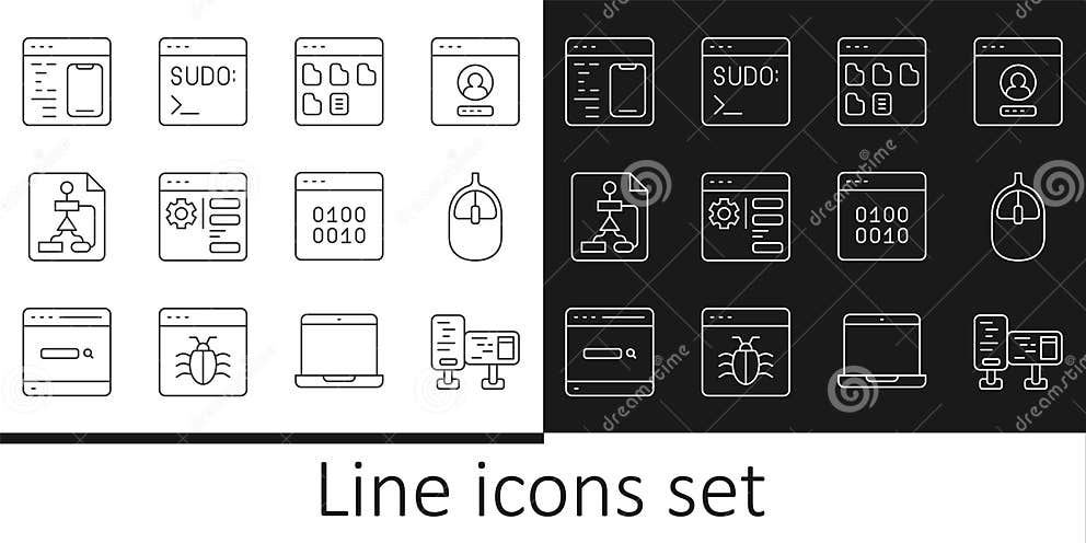 Set Line Computer Monitor Screen, Mouse, Browser Files, Setting, Flowchart, Software, Binary ...