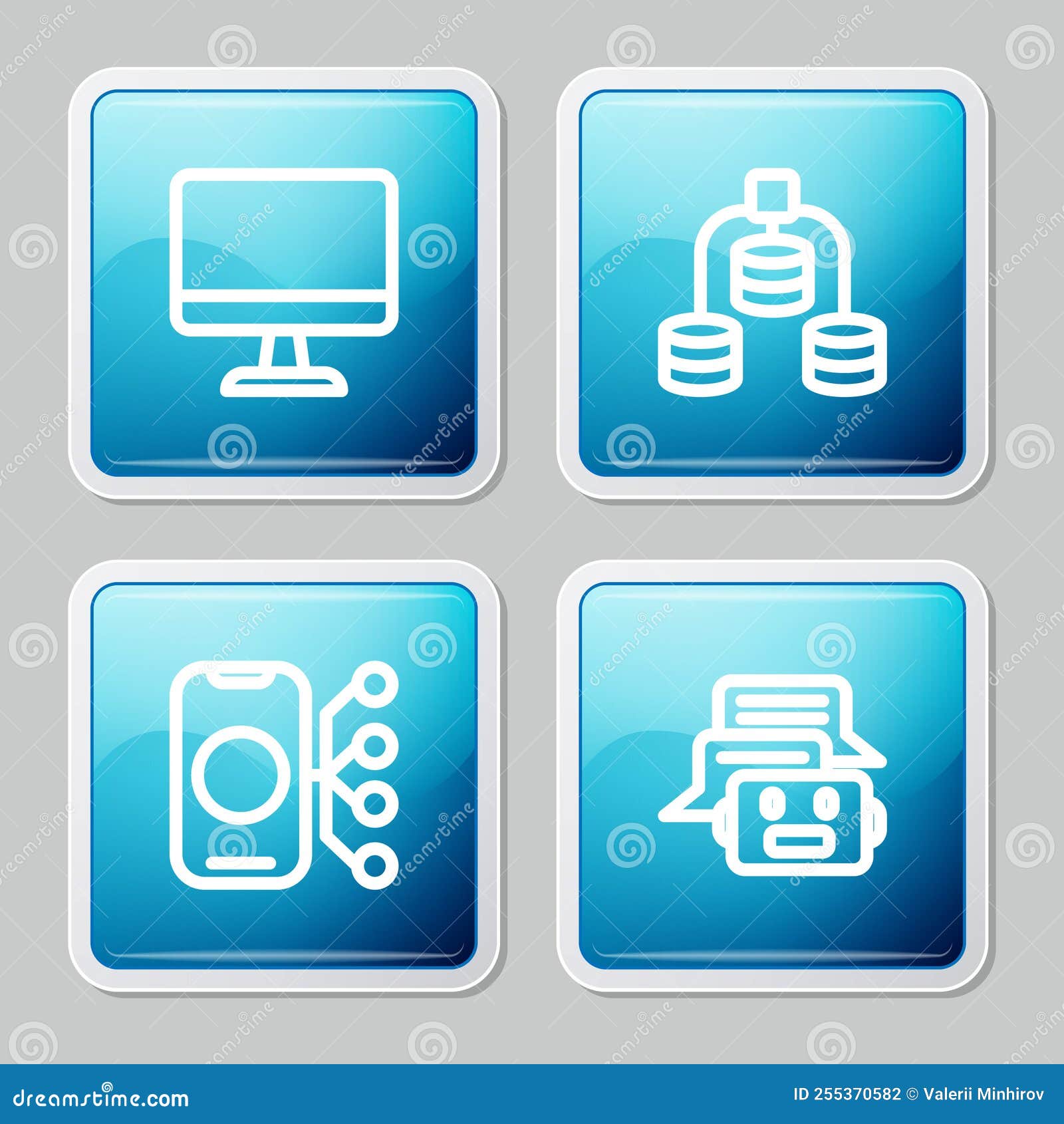 Set Line Computer Monitor Server Data Neural Network And Chat Bot Icon Vector Stock Vector