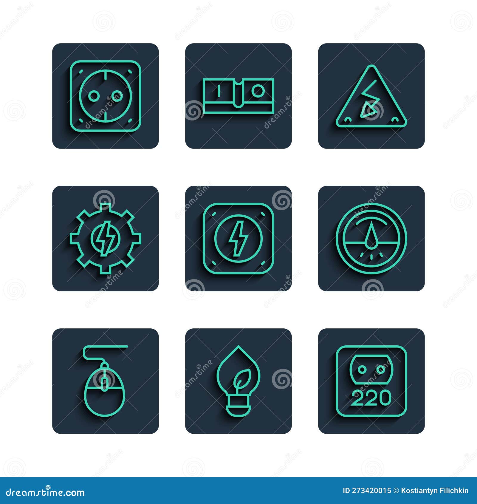 Set Line Computer Mouse, Light Bulb with Leaf, Electrical Outlet, High ...