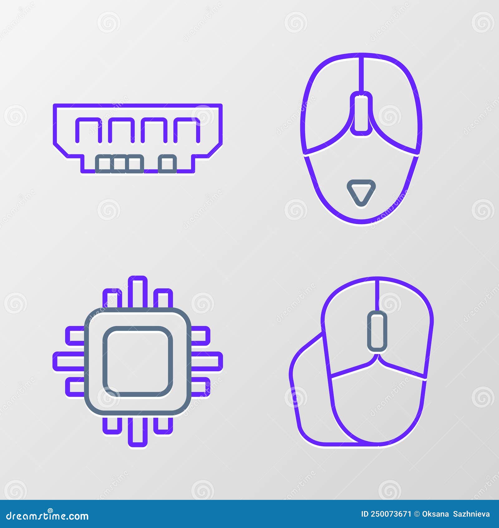 Set Line Computer Mouse Processor With Cpu And Ram Random Access Memory Icon Vector Stock