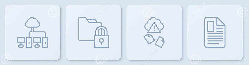 Set Line Computer Network, Cloud Hacking, Folder and Lock and File Document. White Square Button ...