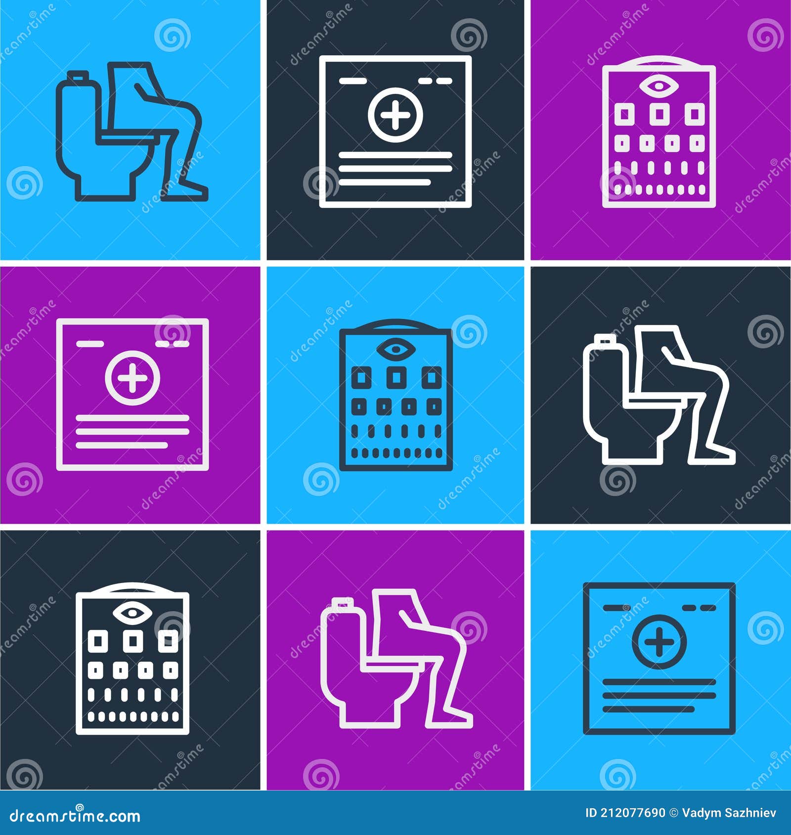 Set Line Constipation, Eye Test Chart and Clinical Record Icon. Vector ...