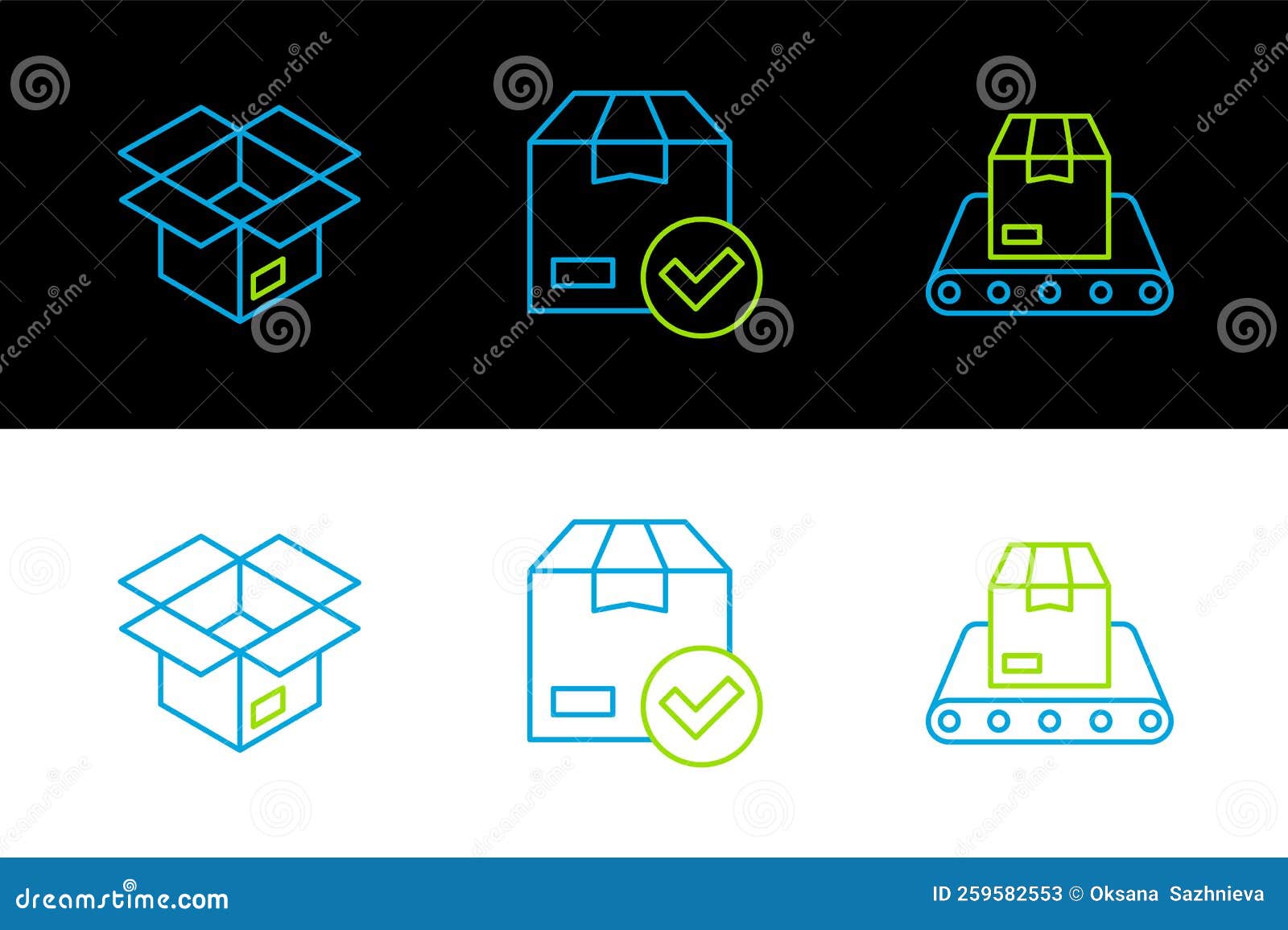 Set Line Conveyor Belt with Box, Unboxing and Ackage Check Mark Icon ...
