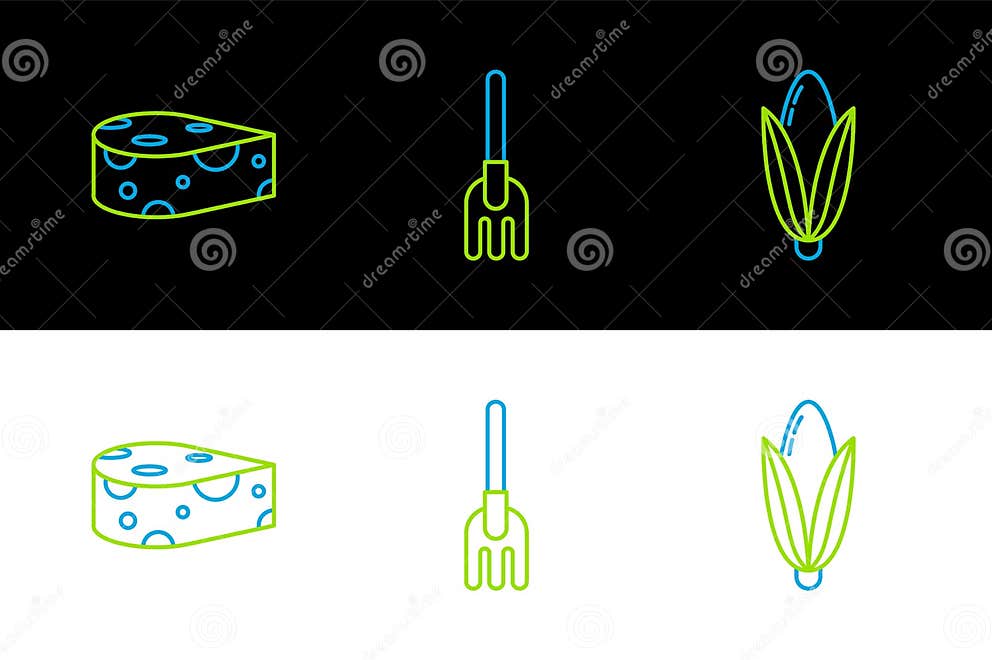 Set Line Corn, Cheese and Garden Rake Icon. Vector Stock Vector ...
